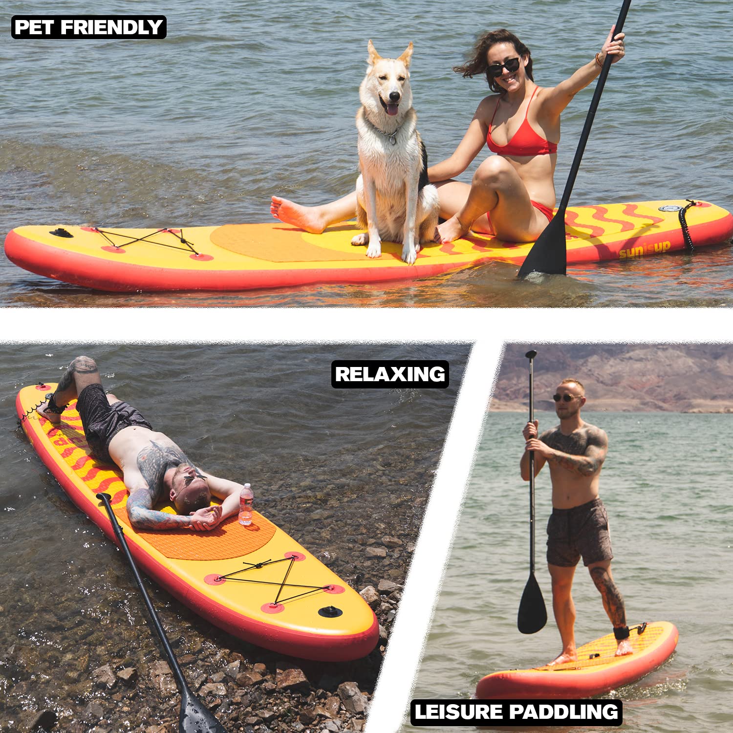 SUNISUP SUP Inflatable Paddle Board for Adults, 10.6β x 30β x 6β, Non-Slip Stand Up Deck with Bottom Paddling Fin, Paddleboard Accessories with Air Pump, Bag, Ankle Leash, Go Pro Mount (Orange/Yellow)