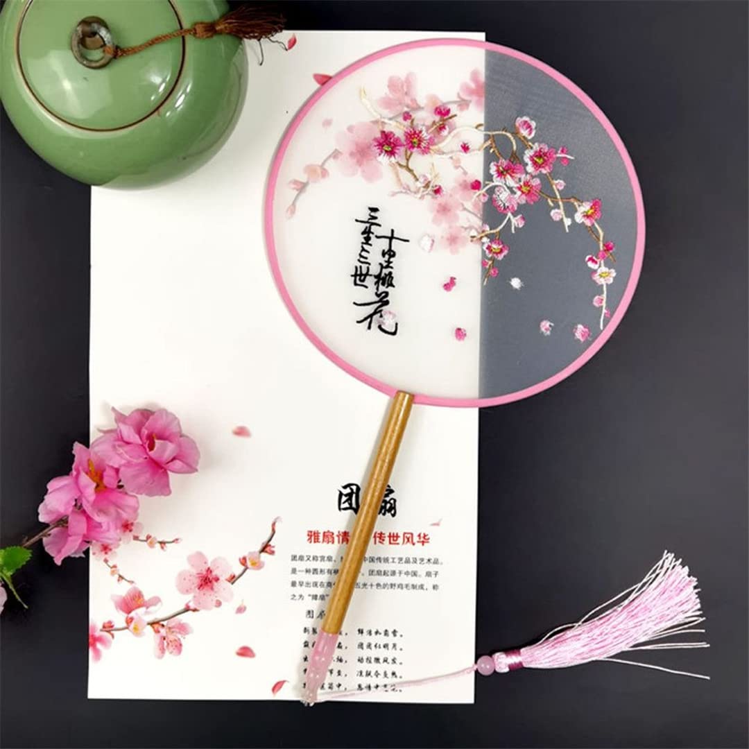 Women Dancing Embroidery Flower Handheld Wooden Handle Fan Vintage Translucent Chinese Style Round Silk Fans with Tassels