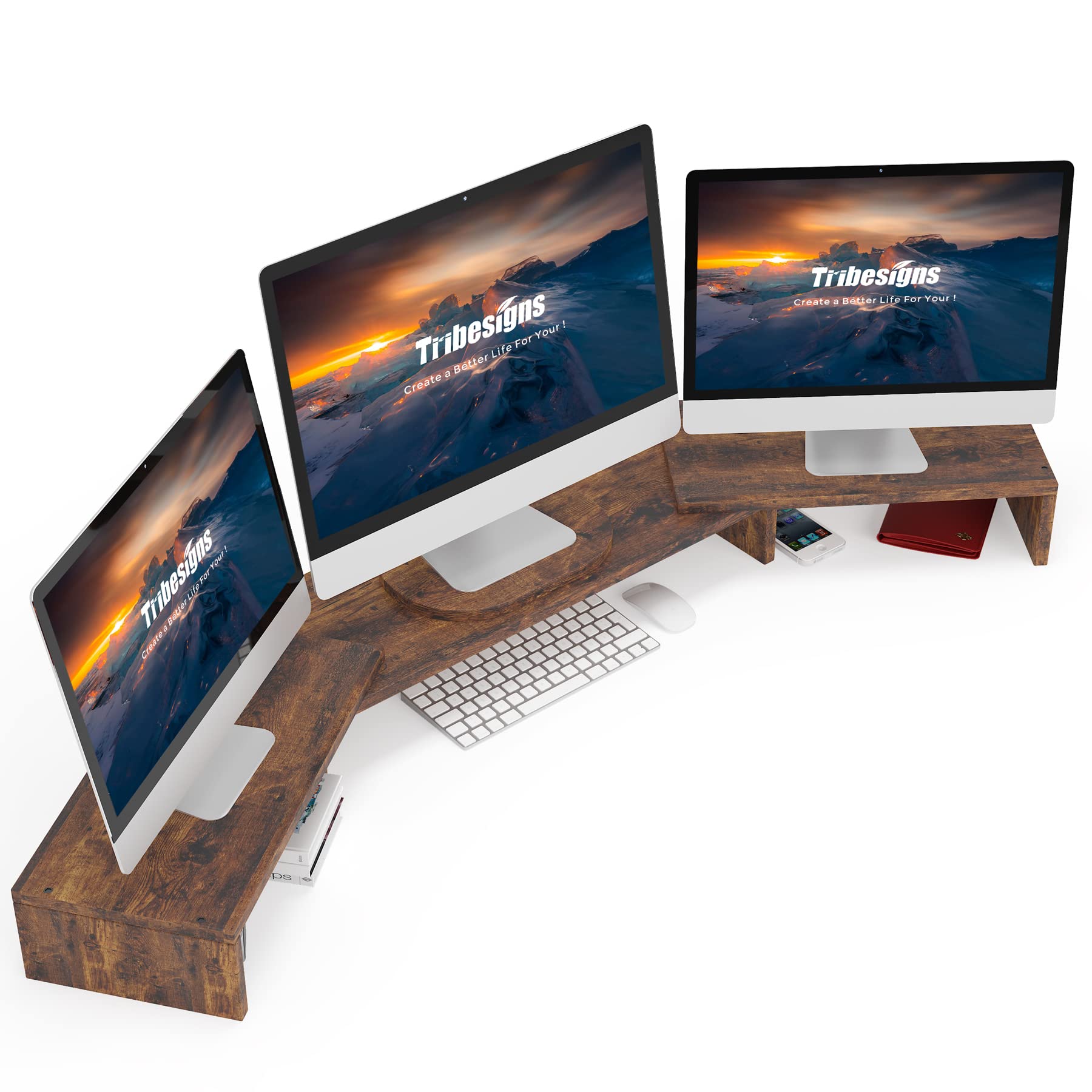 Tribesigns 3 Shelf Monitor Stand Riser Bamboo with Adjustable Length and Angle (Brown)