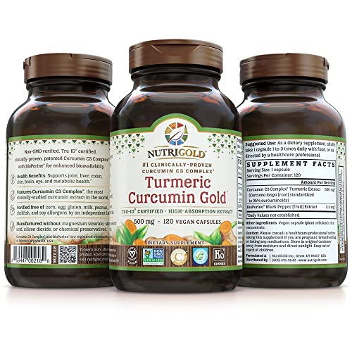 NutriGold Turmeric Curcumin Gold (Features C3 Complex w/BioPerine), 500 mg, 120 Vegan Capsules