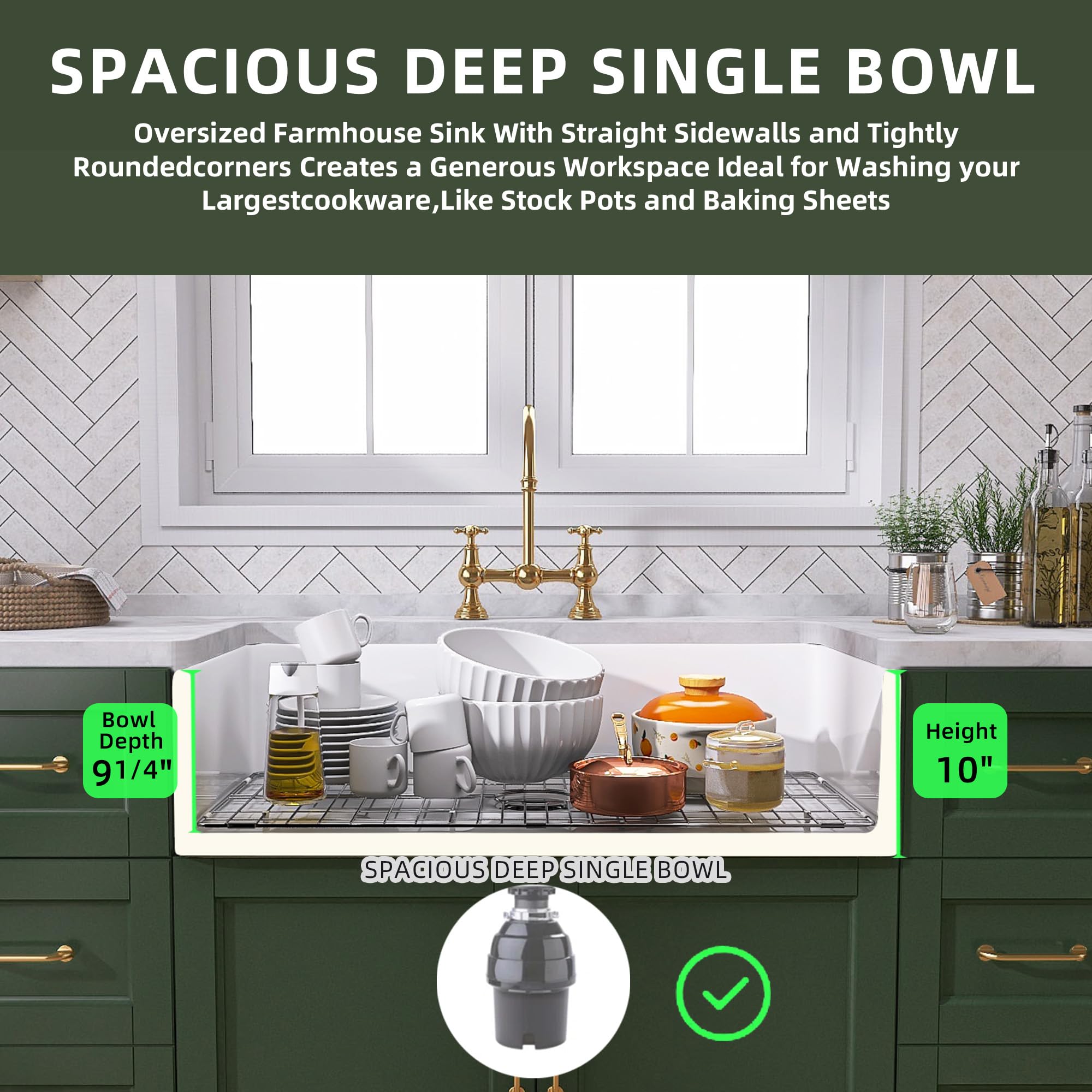 TUKTUK White Farmhouse Sink 33 inch Fireclay Apron Front Single Bowl Kitchen Sink Deep Drop In Farm Sink Undermount with Custom Bottom Grid & Strainer Drain