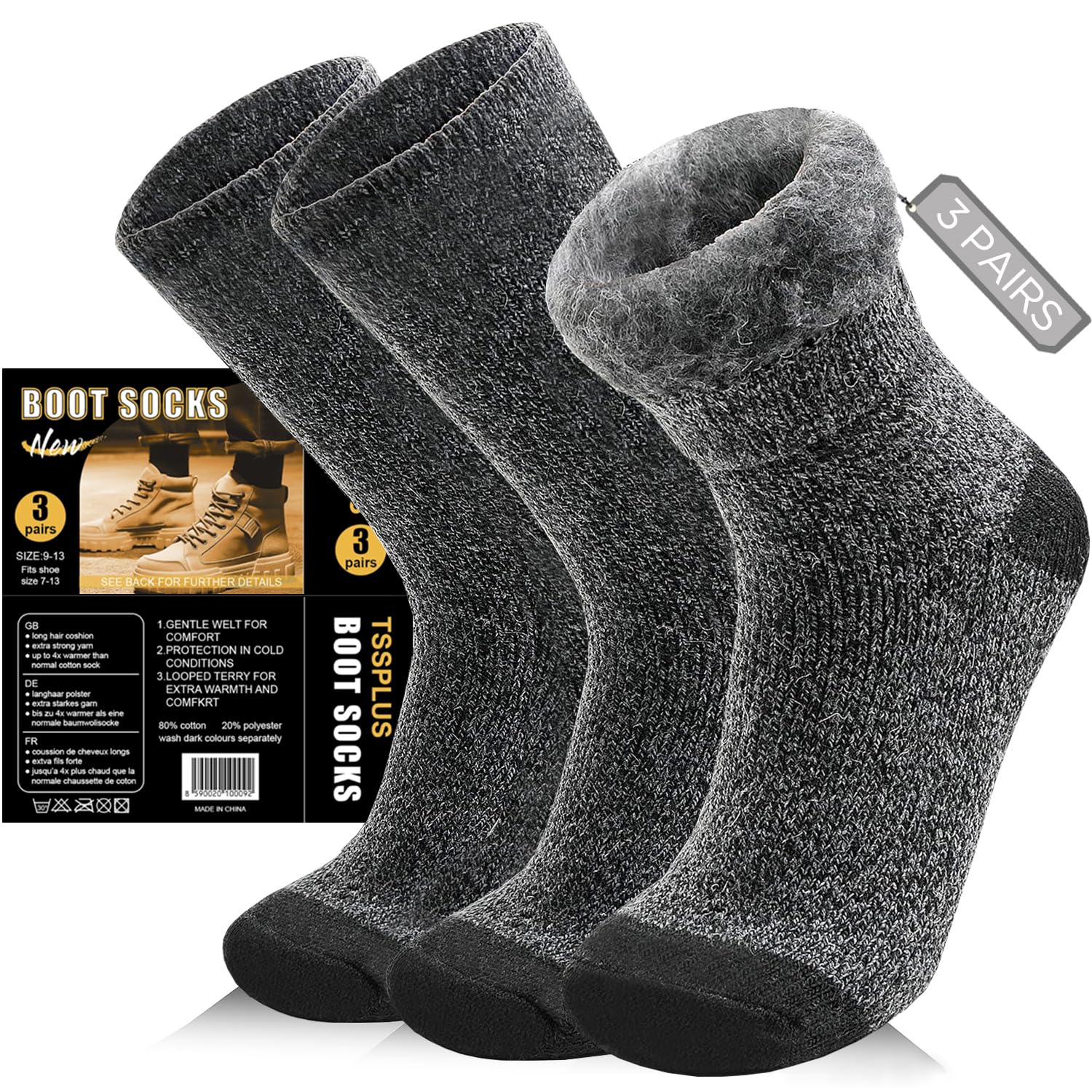 TSSPLUS Mens Winter Thermal Warm Heavy Duty Cotton Crew Work Boots Socks 9-13 (6-PAIRS)