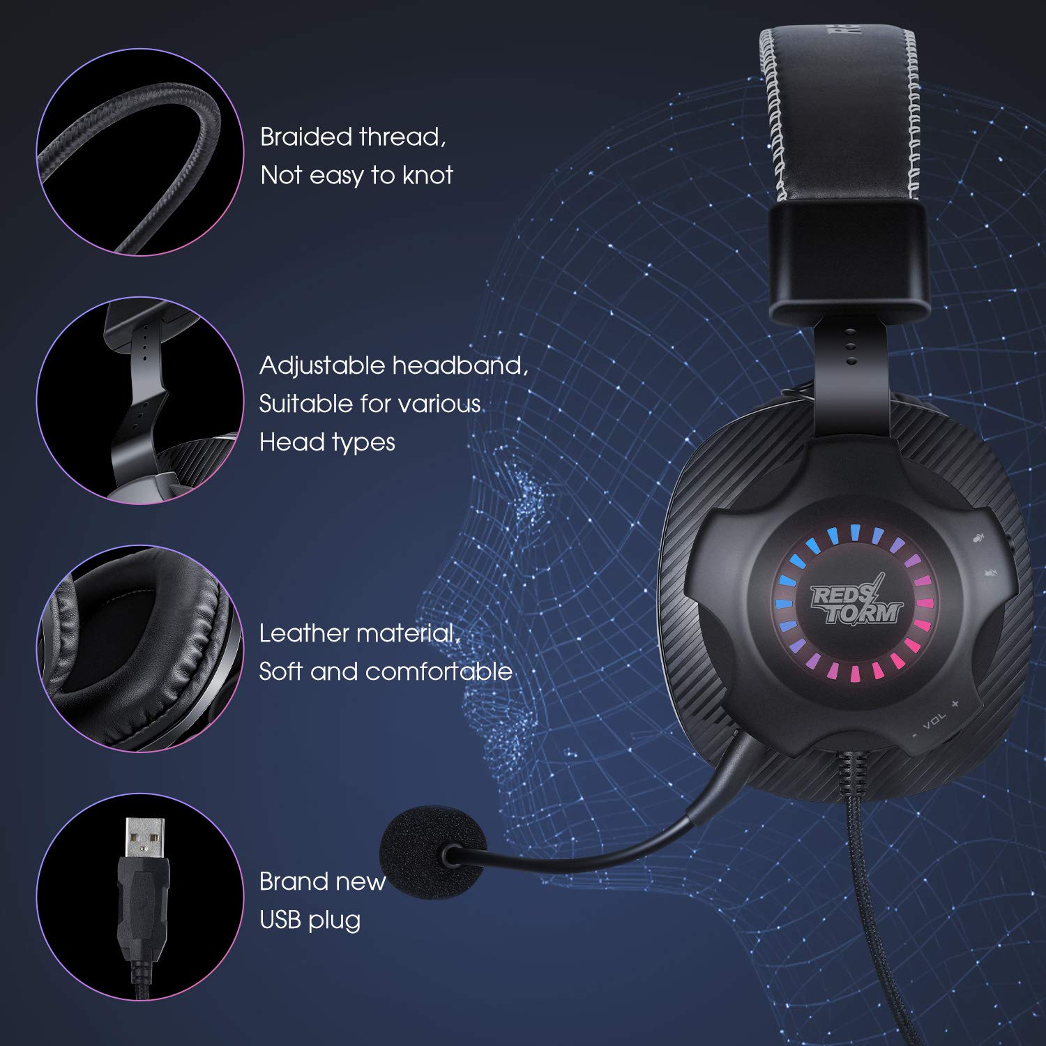 RGB Lights USB Gaming Headset with 7.1 Surround Sound Stereo, Noise Cancelling Detachable Microphone Plug Compatible with PC, PS4 Console, Laptop, Mac