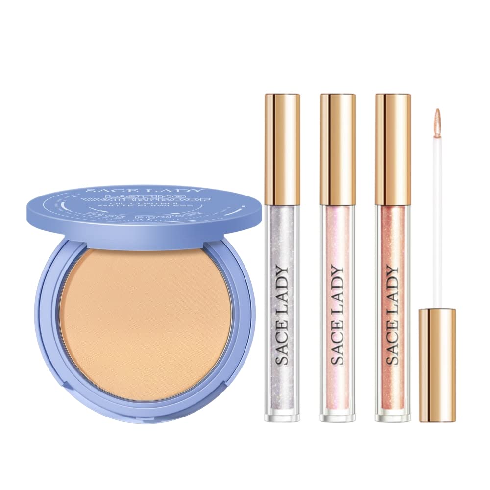 SACE LADY Face Pressed Setting Powder and 3 Colors Liquid Glitter Eyeshadow Makeup Set, Smooth Lasting Lightweight Make Up Kit 4Pcs