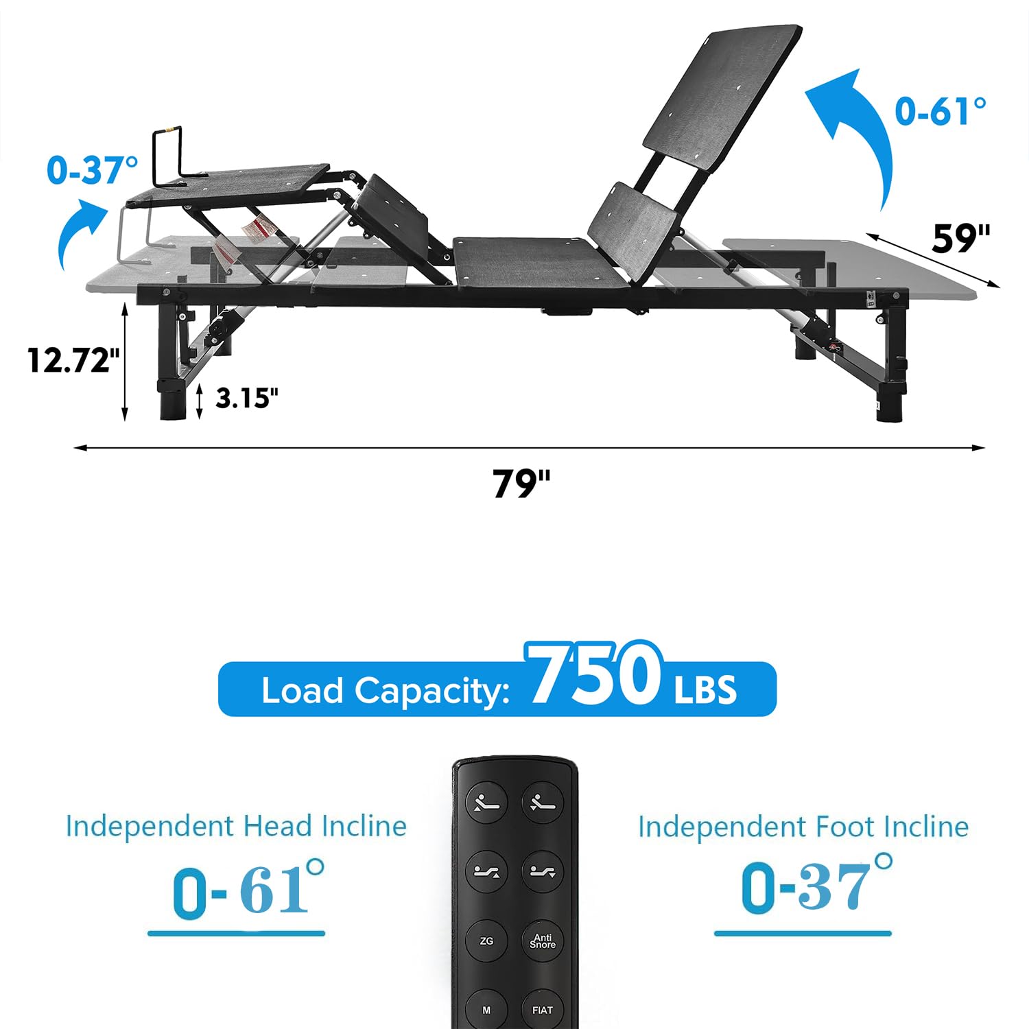 Motorized Upholstered Adjustable Bed Base with Wireless Remote, Head and Foot Incline, Memory Pre-Sets, Anti-Snore, Zero Gravity, Adjustable Leg Heights Bed Frame,Ergonomic Positioning (Queen)