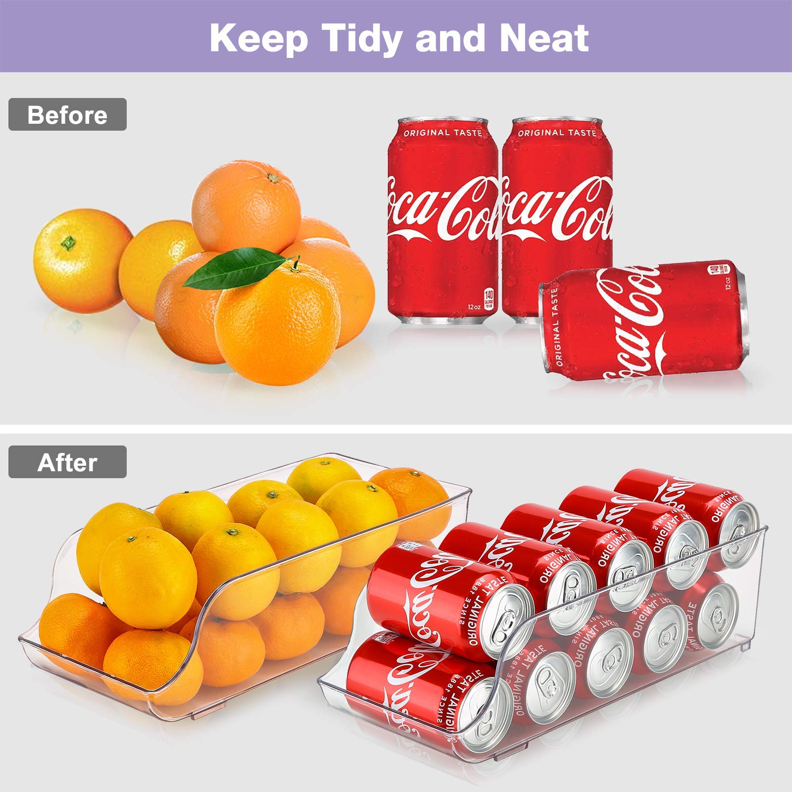 Puricon 4 Pack Refrigerator Organizer Bins Can Dispenser Storage Holder Bundle with 2 Pack Water Bottle Dispenser Organizer for Refrigerator