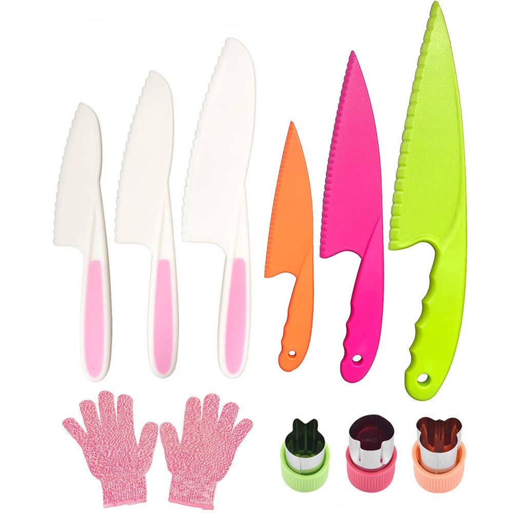 POCOMOCO Kids Kitchen Knife Set Children Safe Cooking Plastic Knives Set with Cut-resistant Gloves (Ages 6-12), Vegetables Cutters Perfect for Fruit, Bread, Cake, Lettuce, Salad