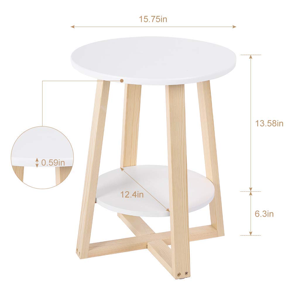 Side Table Round White End Table Small Coffee Tables for Small Spaces Midcentury Modern Night Table for Bedroom with Storage Shelves for Home Office Living Room Solid Wood Bracket