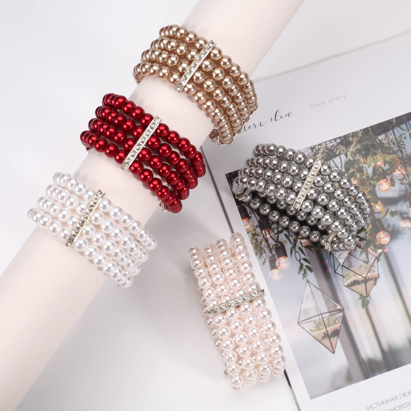 Twinfree 5 Sets Stretch Multilayer Faux 8mm Pearl Bracelet Bangle Vintage Wedding Bridal Jewelry