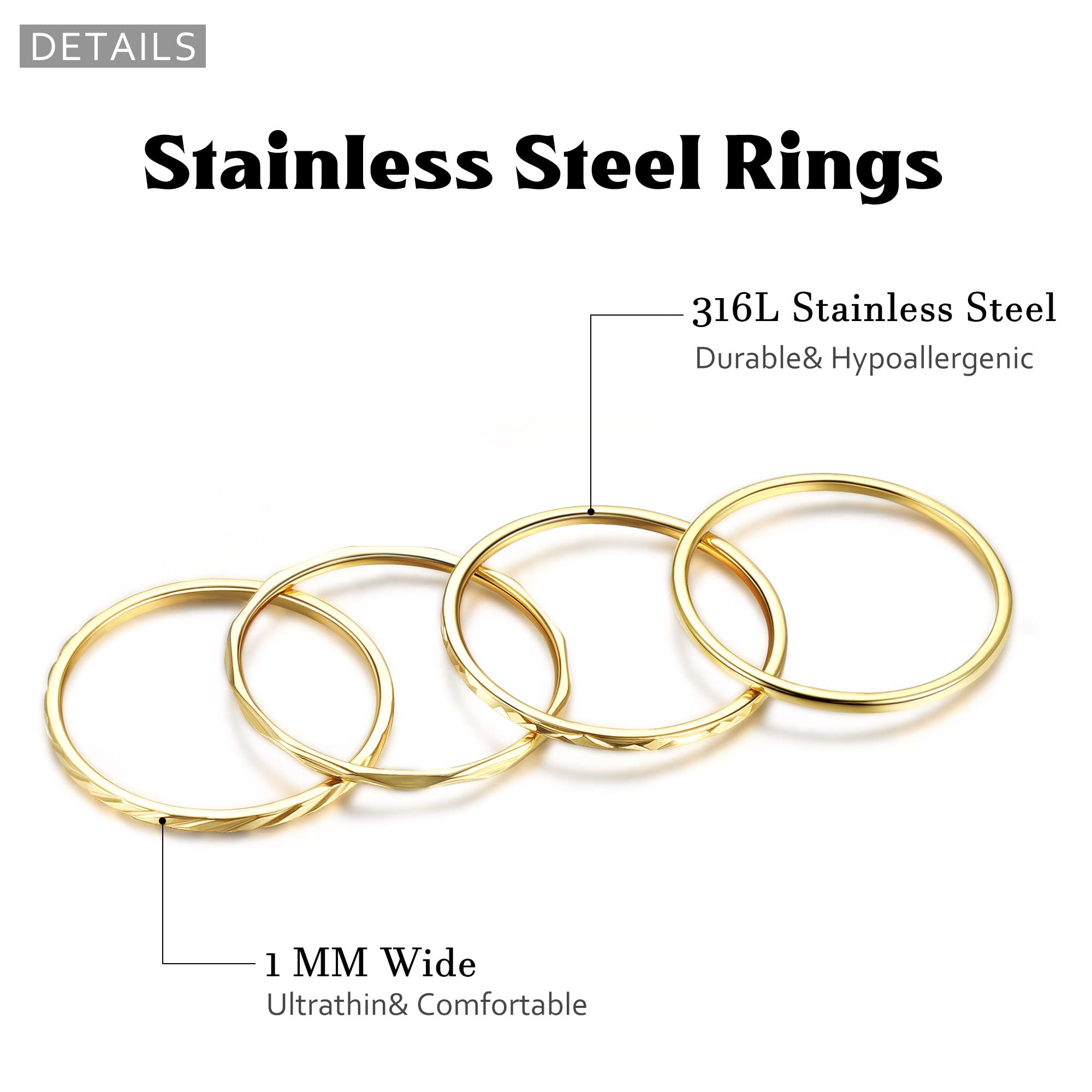 UBGICIG 4Pcs 1MM Gold Rings for Women Trendy Dainty Band Knuckle Stacking Midi Rings Set Silver/Gold Wedding Plain Thin Band Comfort Fit Size 3 to 10