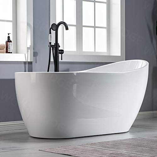 WOODBRIDGE 59" Acrylic Freestanding Bathtub Contemporary Soaking White Tub with Matte Black Overflow and Drain,B1530 -MB-Drain &O