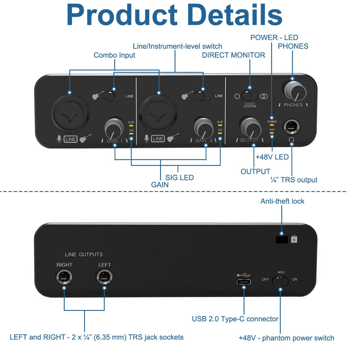 USB-C Audio Interface Audio Interface Microphone Preamps for Recording Music with 48V Phantom Power 24 Bit For Phone/Tablet/PC and Other Equipment Recording（NO DAW Recording Software included）