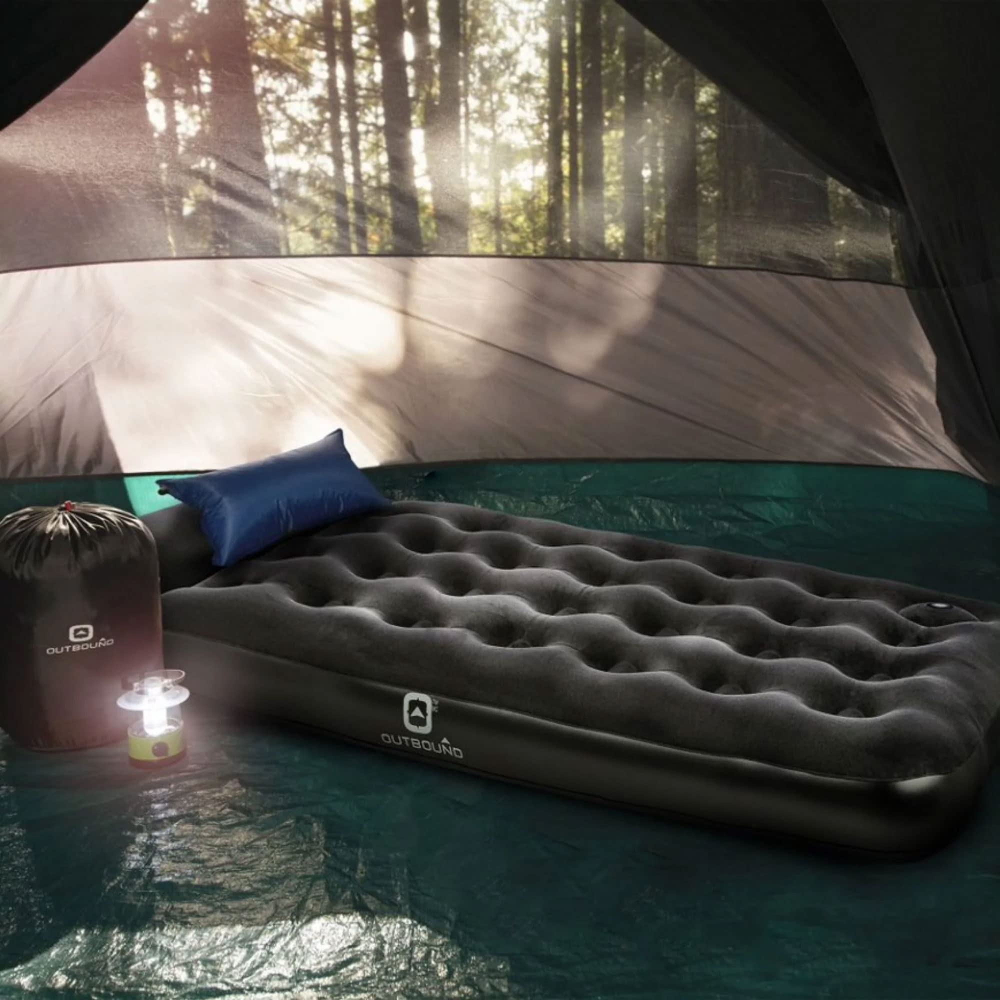 OUTBOUND Portable Lightweight 9" High Single Person Inflatable Camping Mattress Twin Airbed w/Built-in Foot Pump, Coil Beam, Repair Patch, Black