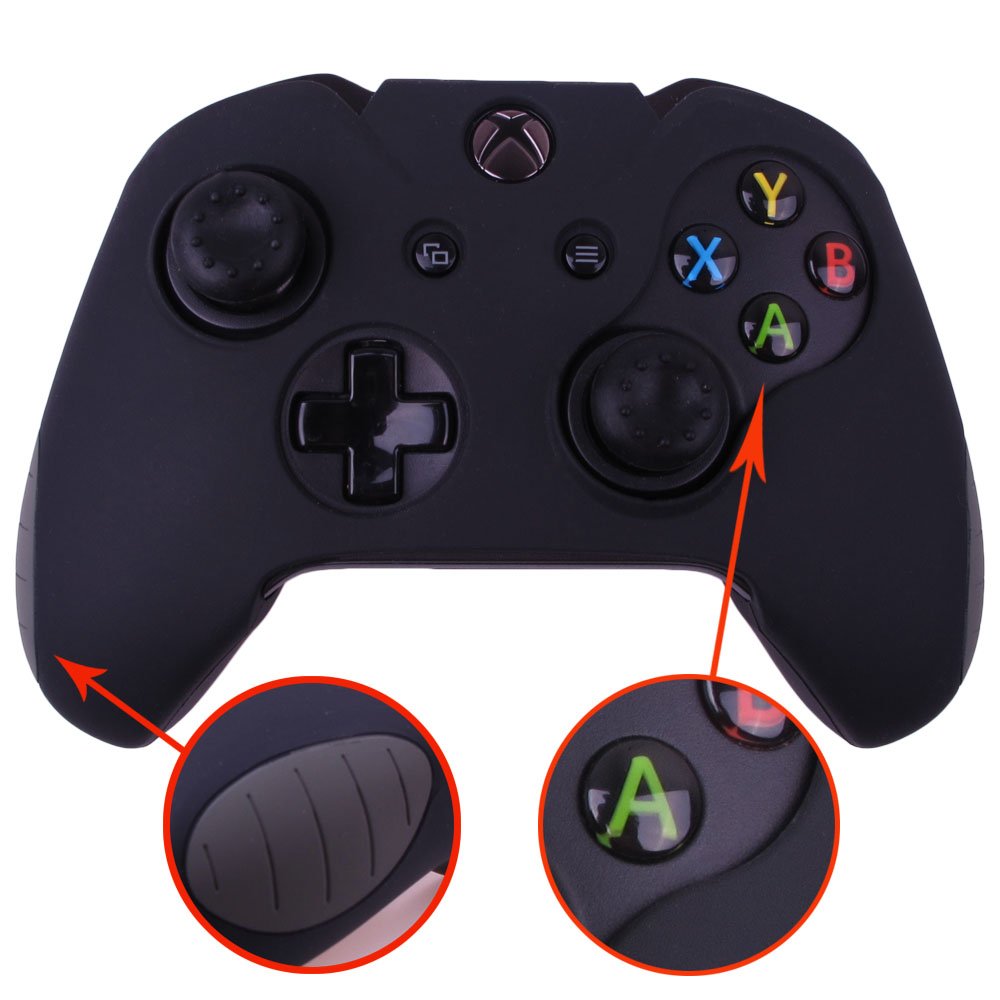 Pandaren Soft Silicone Thicker Skin Cover for Xbox One Controller Set (Black skin X 1 + Thumb Grip X 2)