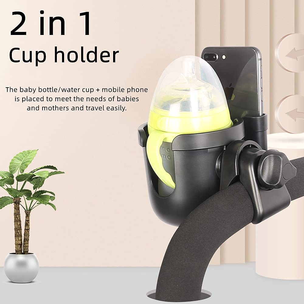 Stroller Cup Holder, 2 in 1 Universal Bottle & Phone Storage Rack, 360 Degree Cup Holder for Buggy, Pushchair, Wheelchair, Bike (Cup 2 in 1 -Pink)