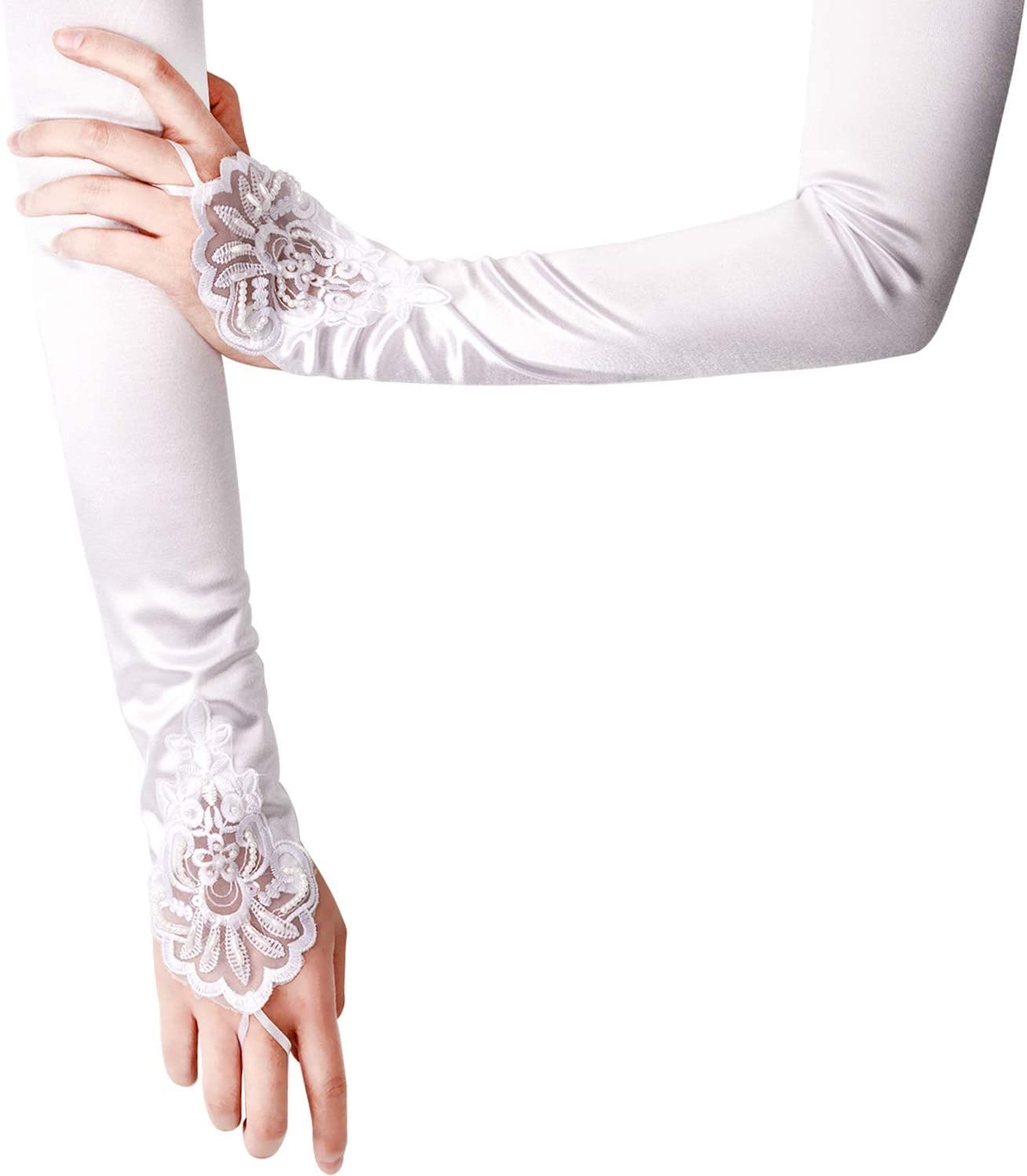 SAVITA Fingerless Long White Gloves Pierced Elbow Length Satin Gloves 19" Stretchy Opera Evening Party 1920s Gloves for Women