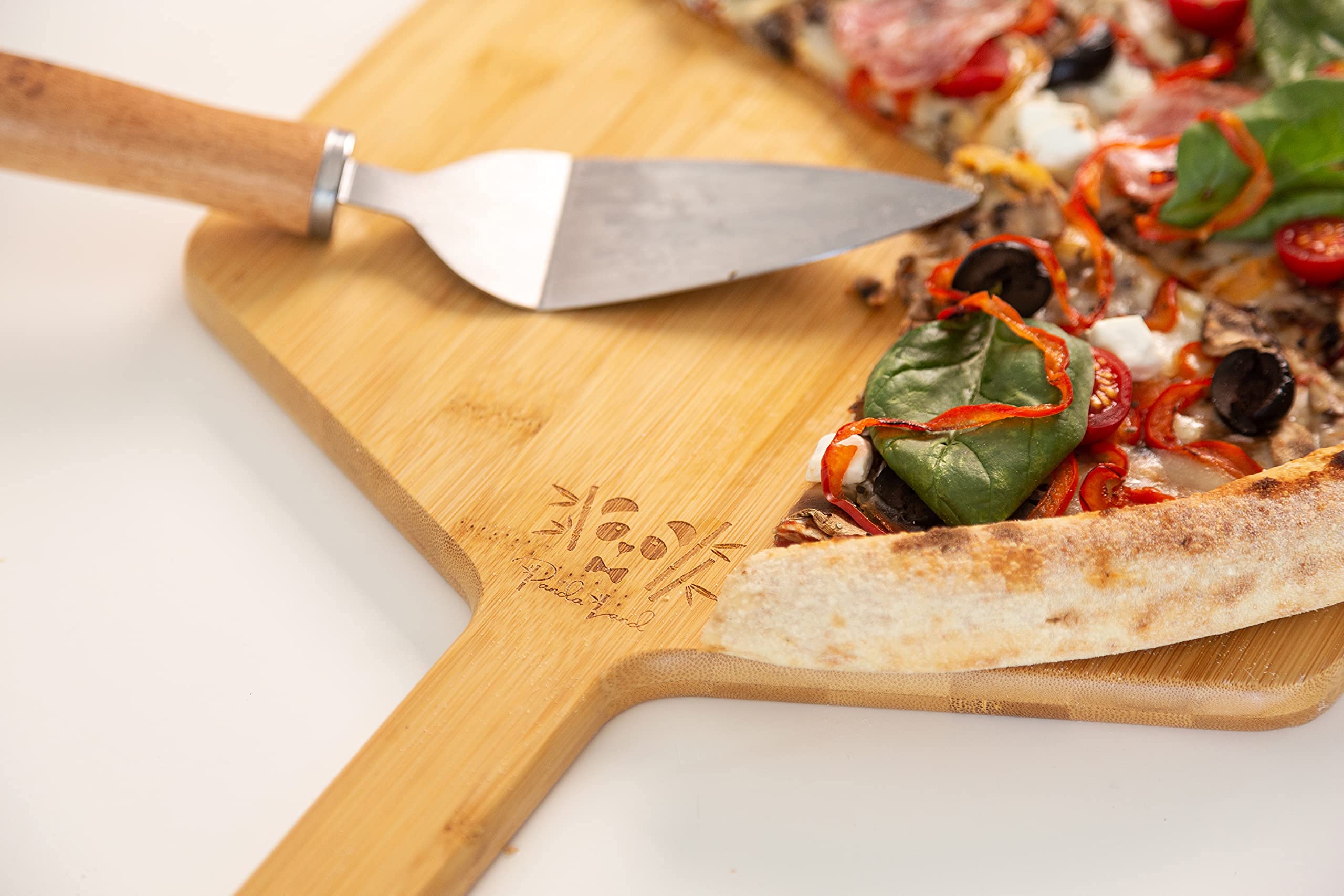 PANDA LAND Large 14" Round Pizza Stone 5-Piece set with Extra-Large Bamboo Pizza Peel Cutter Slice Server Wire Rack | Perfect Pizza Set with all Grilling Accessories| Pizza Stone for Oven and Bbq