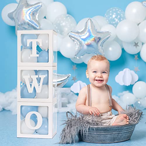 RUBFAC One Boxes for 1st Birthday, First Birthday Decoration for Boy, 3pcs Baby Shower Boxes with 24pcs Balloons ‘ONE’ ‘TWO’ Letters for Birthday Backdrop Photoshoot Props Anniversary