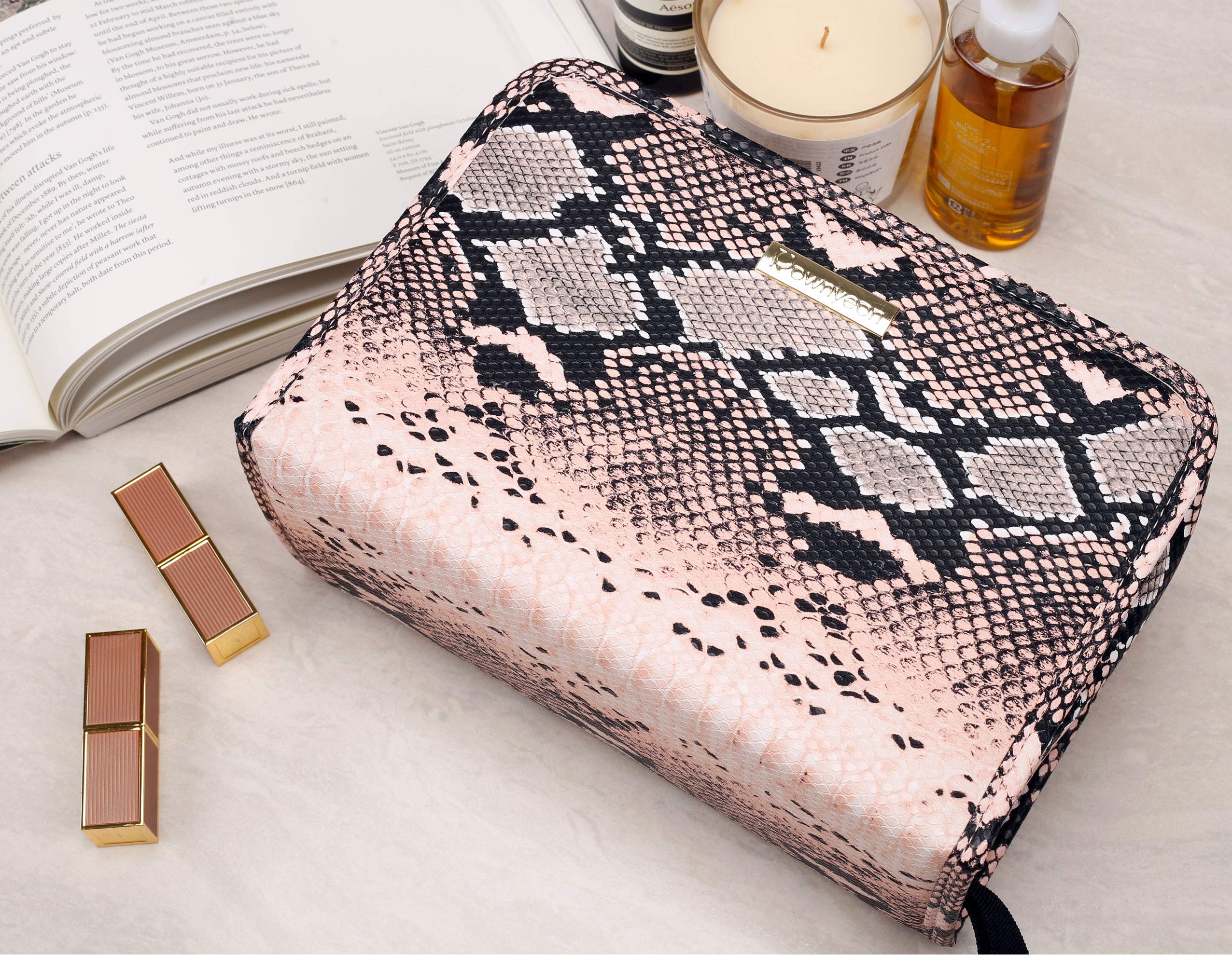 ROWNYEON Lipstick Organizer Bag Case Lipstick Holder 67 Slots Snake Print Portable Travel Makeup Bag Cosmetic Case Lipstick Carrying Case Makeup Storage Bag Case For Lip Gloss,Mascara-Pink PU Leather