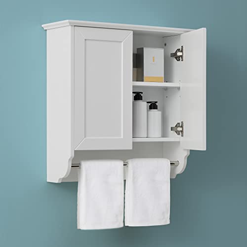 VANIRROR Wall Mounted Bathroom Cabinet with Towel Bar, 23x24x8.2 Inch Wooden Medicine Cabinet for Storage with Adjustable Shelf, MDF Material White Bathroom Wall Cabinet with Buffering Hinge
