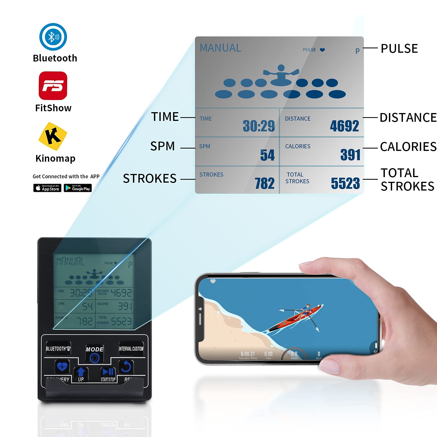 Rowing Machine Wood Water Rower with Bluetooth Monitor for Home Gyms Indoor Training Use Training Equipment Sports Exercise (Including an Automatic Pump)