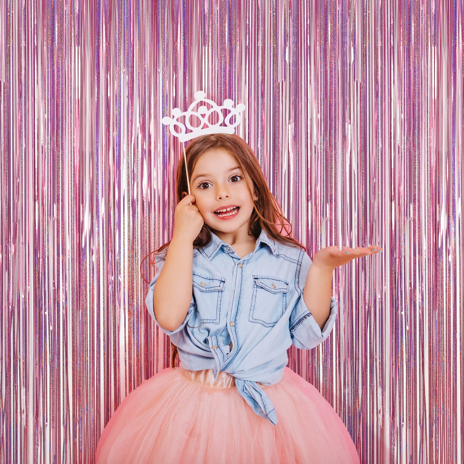 RUBFAC Pink Tinsel Backdrop for Pink Party Decorations, Pink Foil Fringe Curtain, 6.4x8 Feet, Pack of 2, Pink Streamers Decorations for Princess Birthday Bachelorette Wedding