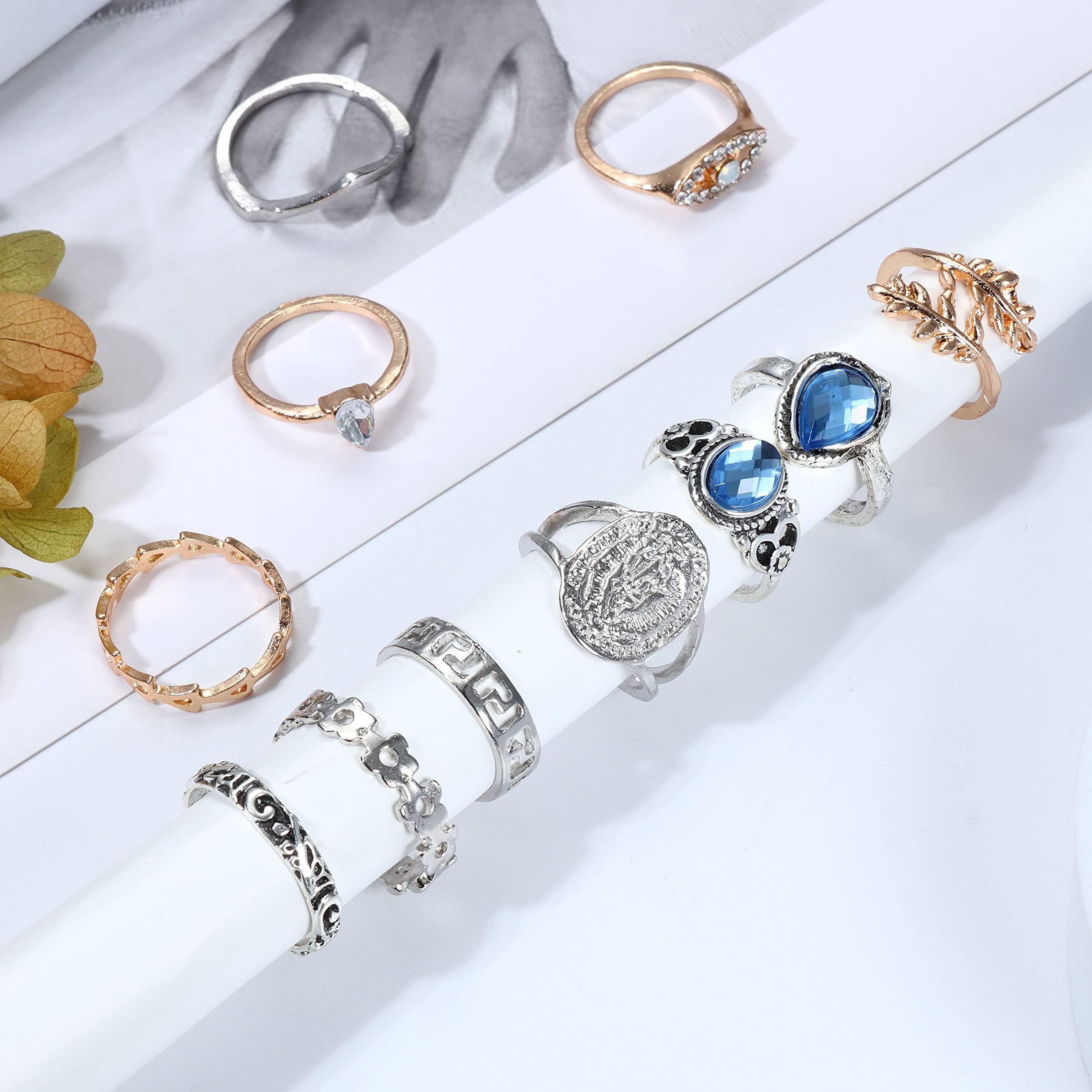 Ubjuliwa 66pcs Gold Silver Knuckle Rings for Women Stackable Mid Finger Joint Ring Set Retro Vintage Boho Rings Aesthetic Stacking Crystal Goth Rings Bulk