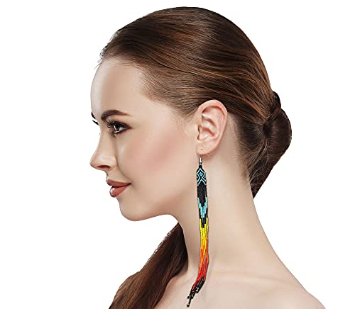One of a kind Tribal Extra Long Beaded Earrings Handmade (Black Blue Fire)