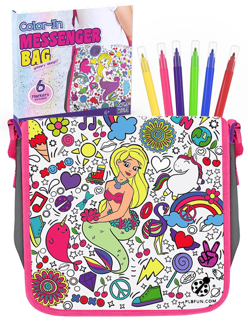 PURPLE LADYBUG Color Your Own Bag with 6 Markers Craft Set - Unique Mermaid Crafts for Girls Ages 6-8 & Mermaid Gifts for Girls 5-7 Years Old, Craft Kits for Girls Ages 6-8, Summer Crafts for Kids