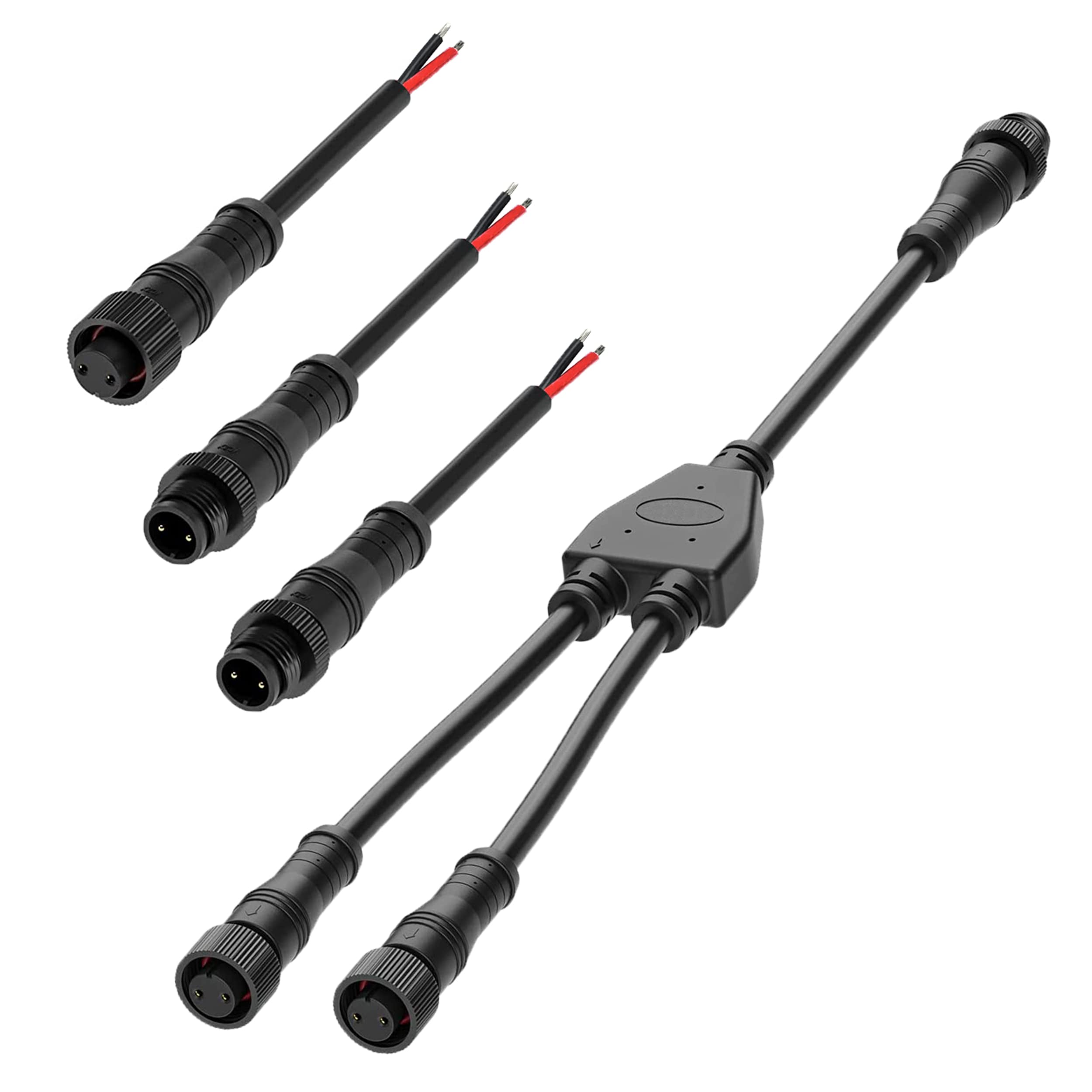 WOODGUILIN Y Shape 2 Pin Connector Outdoor LED Connector Splitter,16AWG Cable with Metal Nut for Automotive,Marine,Outdoor LED Strip.(1 Y Connector+3 Branch Heads)