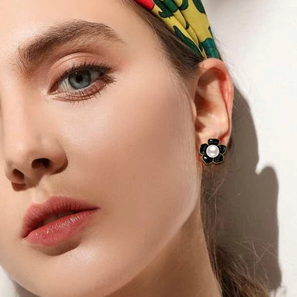 Stud Earings 14K Gold Plated 925 Sterling Silver Post Rose Flower & Pearl Stud Earrings for Women (white)