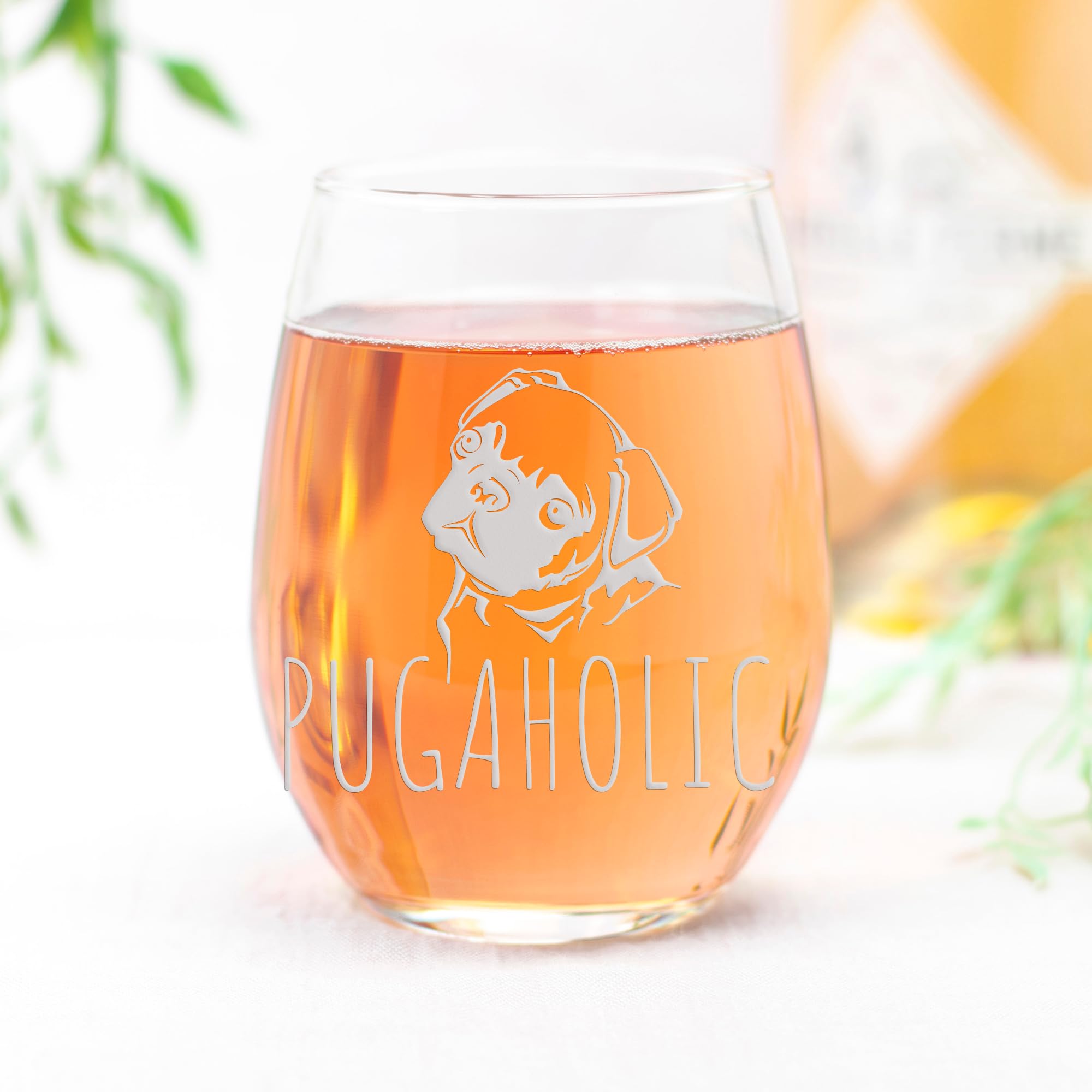 Pugaholic Pug Stemless Wine Glass - Pug Wine Glass, Pug Mom, Pugaholic, Pug Gift, Pug Lover, Pug Cup, Fun Wine Glass, Pet Wine Glass