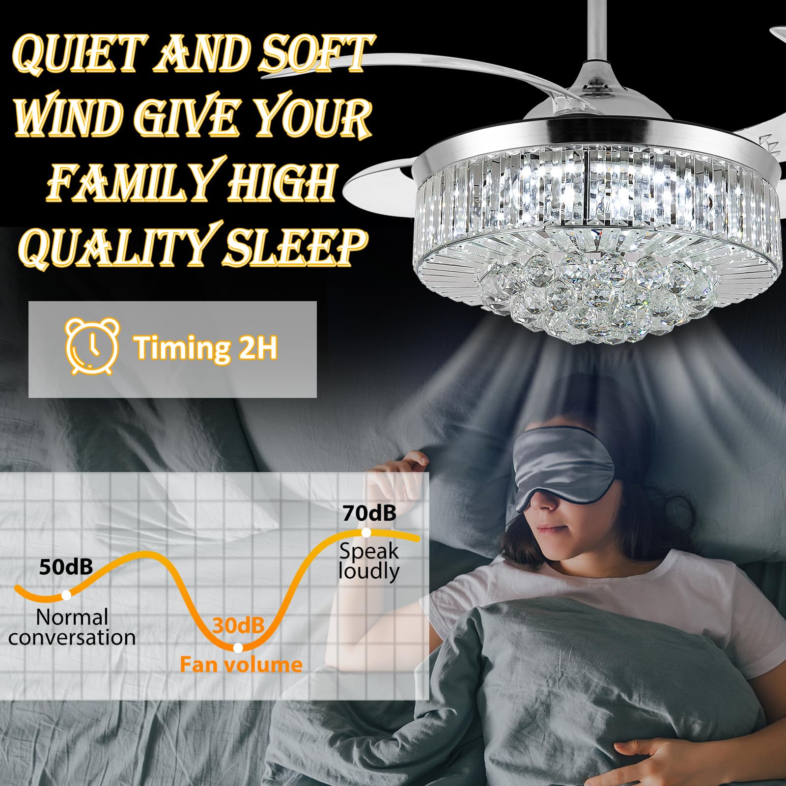 Panghuhu88 36" Invisible Ceiling Fan Chandelier Light,Modern Crystal Ceiling Fan Light Remote Control 4 Retractable ABS Blades for Bedroom Living Room Dining Room Decoration (Silver)