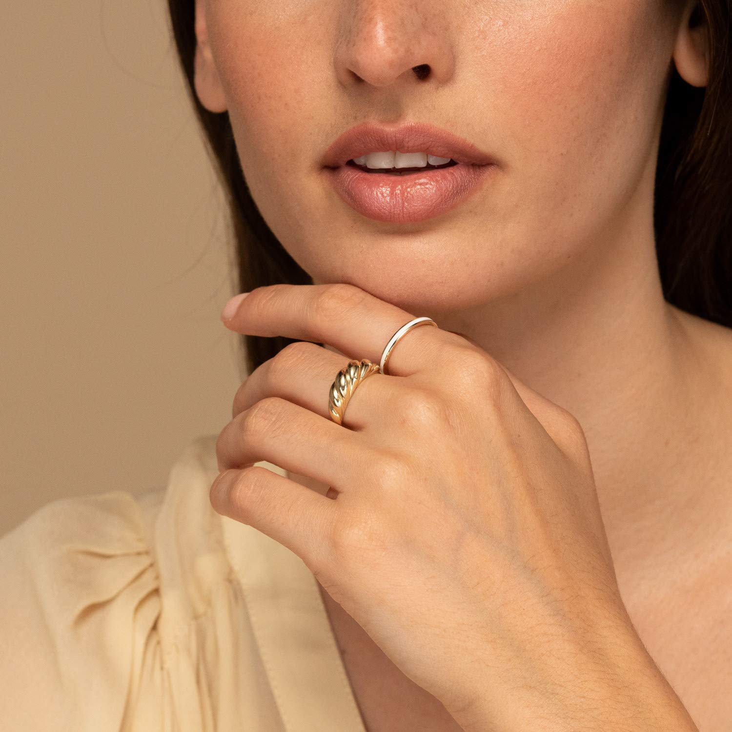 Sewens 3PCS 18k Gold Plated Croissant Braided Twisted Signet Chunky Dome Ring Stacking Band for Women Jewelry Minimalist Statement Ring
