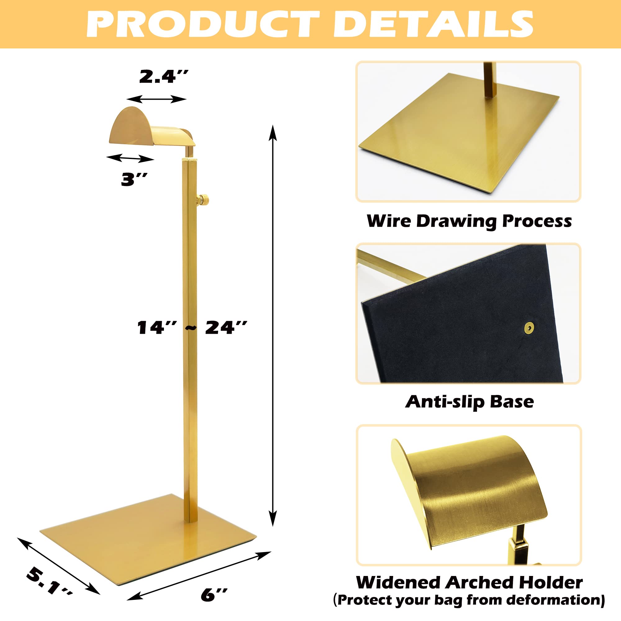 Royxen 3 Pack Handbag Rack Stainless Steel with Adjustable Height, Purse Display Stand (Gold)