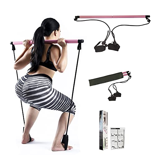 Resime Bar - Portable Pilates Bar Kit with Upgraded 30LB Adjsutable Foot Resistance Bands. Resistance Bands. for Pilates Toning Sticks. Pilates Reformer Machine (Pink)