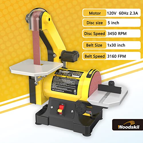 Woodskil Belt Sander, 1 in. x 30 in. Belt Sander and 5 in. Disc Sander, Disc Belt Sander for Woodworking, Bench Sander Upgraded Model