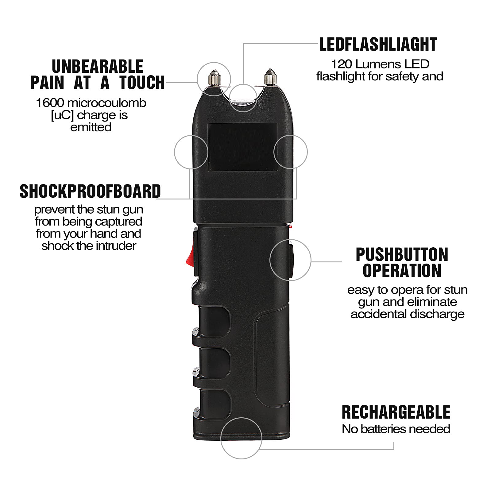 Stun Gun Rechargeable with LED Flashlight Powerful Heavy Duty Gun for Women or Men Self Defense