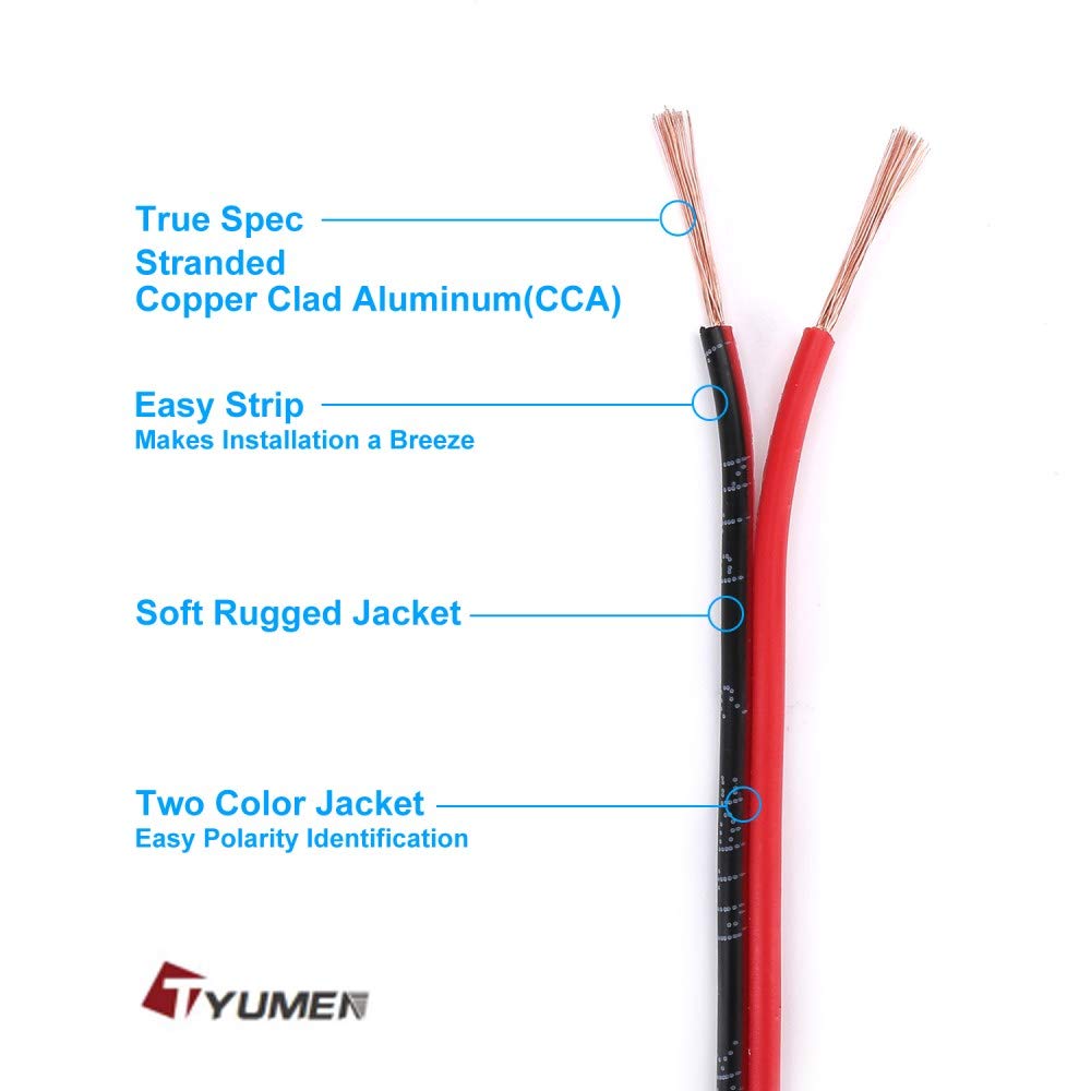 TYUMEN 50FT 16/2 Gauge Red Black Cable Hookup Electrical Wire LED Strips Extension Wire 12V/24V DC Cable, 16AWG Flexible Wire Extension Cord for LED Ribbon Lamp Tape Lighting