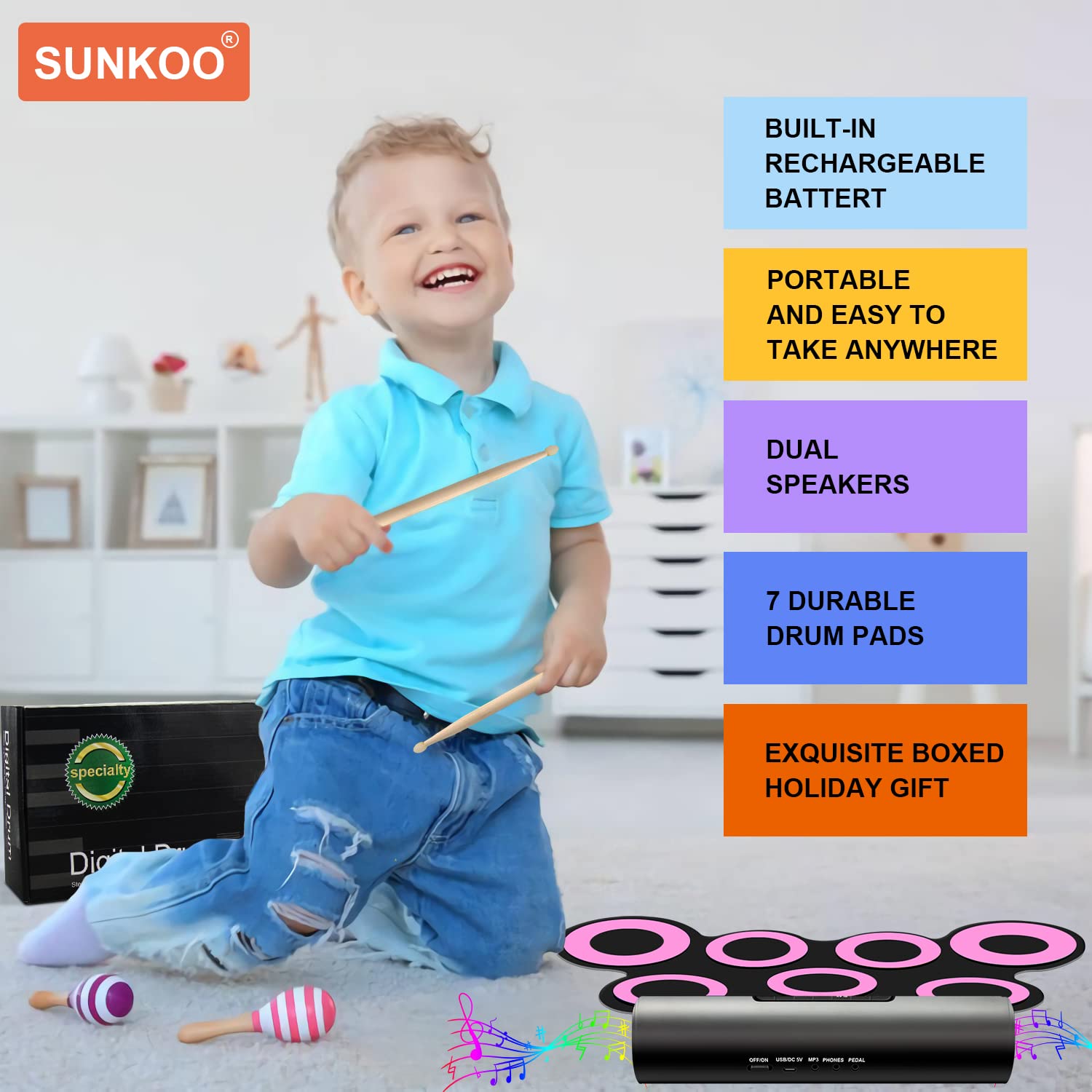 SUNKOO Electronic Drum Set for Kids, Adult Beginner Pro MIDI Drum Kit, Roll Up Practice Pad Kit with Headphone Jack, Built-in Speaker, Drum Pedals, Drum Sticks, Great Holiday Birthday Gift for Kids