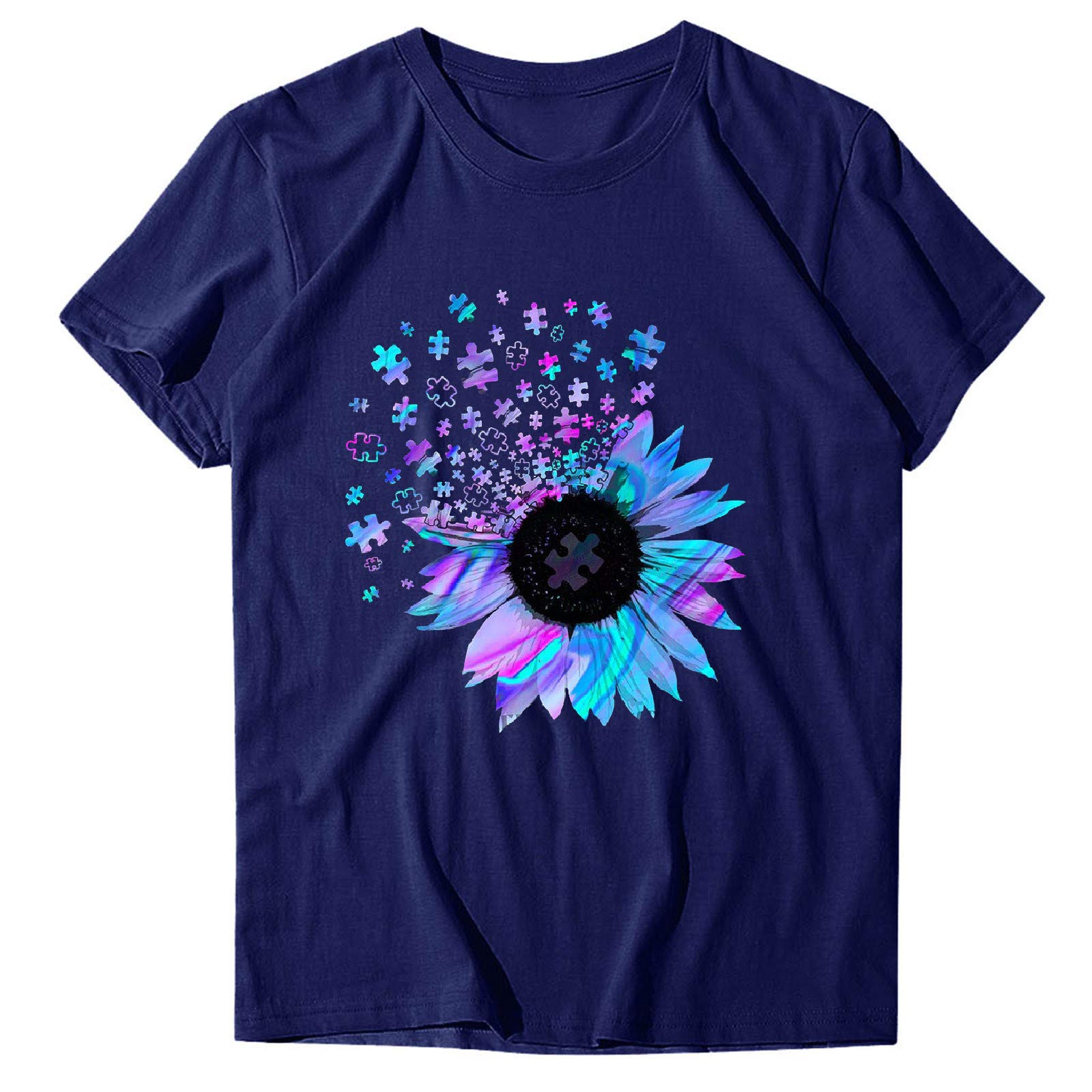 Summer Tops for Women Casual Short Sleeve Loose Fit Sunflower Graphic Tees Vintage Shirts Blouses (Medium, Blue)
