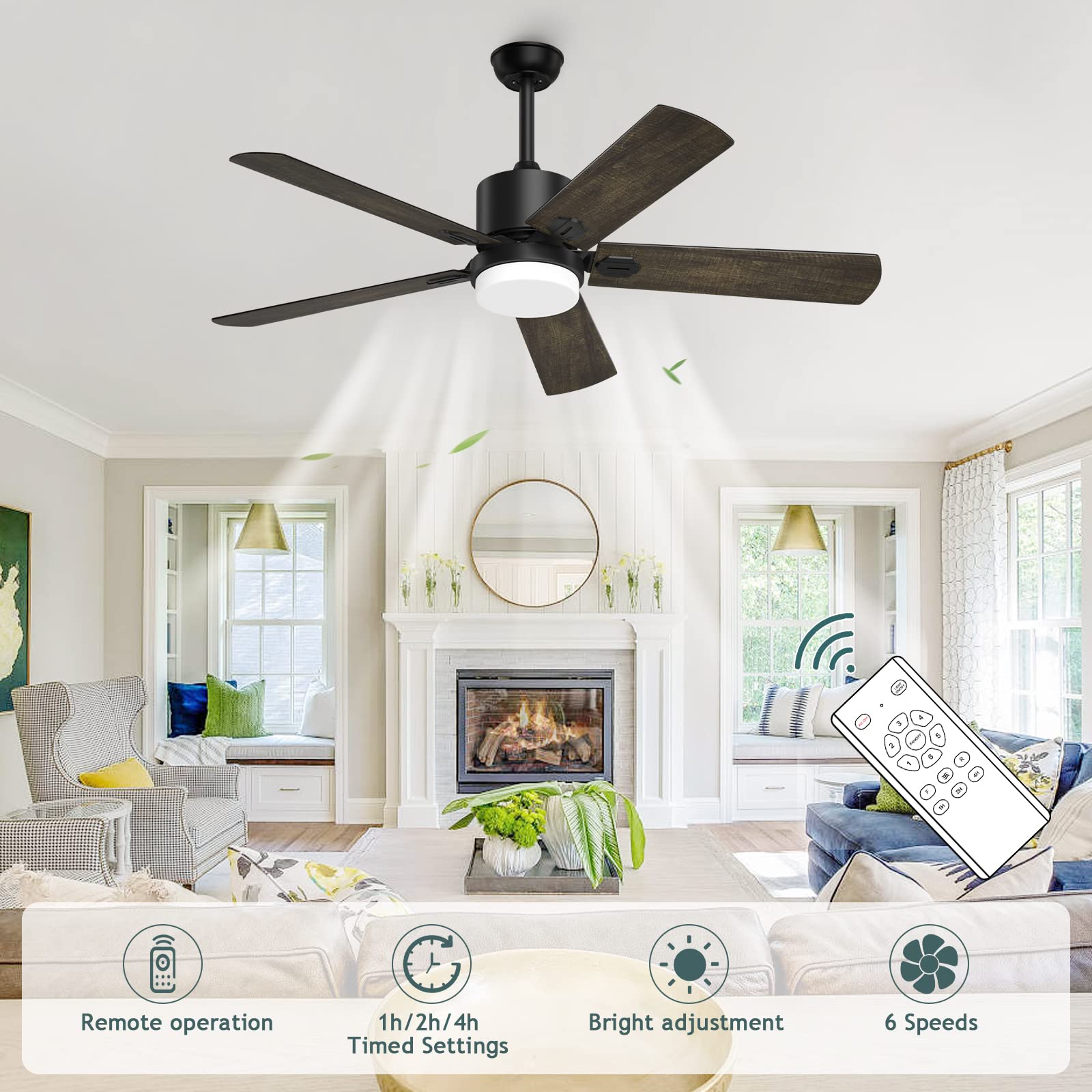 Obabala Ceiling Fans with Lights and Remote, Outdoor Black Fan with Lights for Patio Farmhouse Bedroom,52 Inch