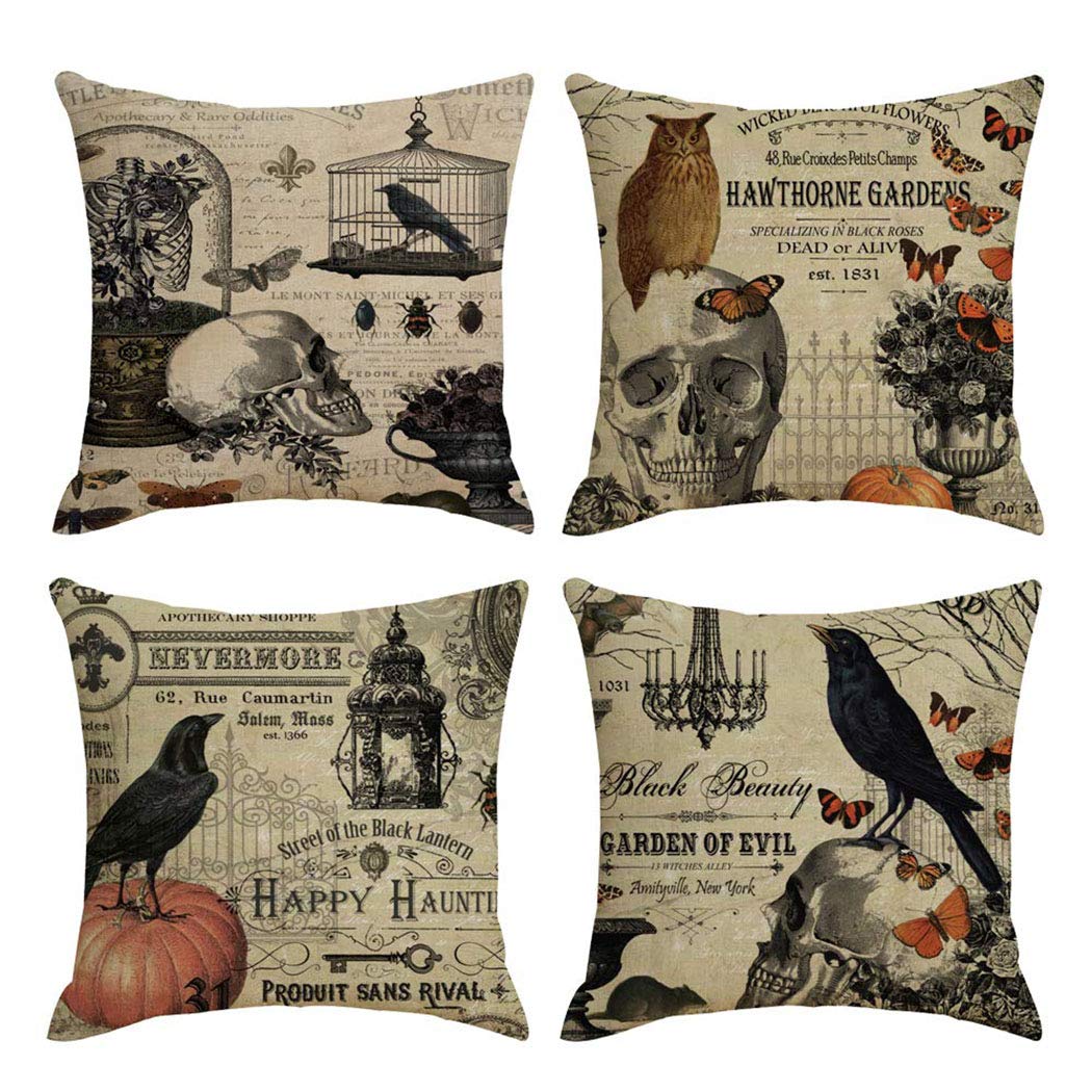 PSDWETS Happly Halloween Decorations Crow Skull and Pumpkin Pillow Covers Set of 4 Home Decor Cotton Linen Throw Pillow Covers Cushion Cover 18 X 18