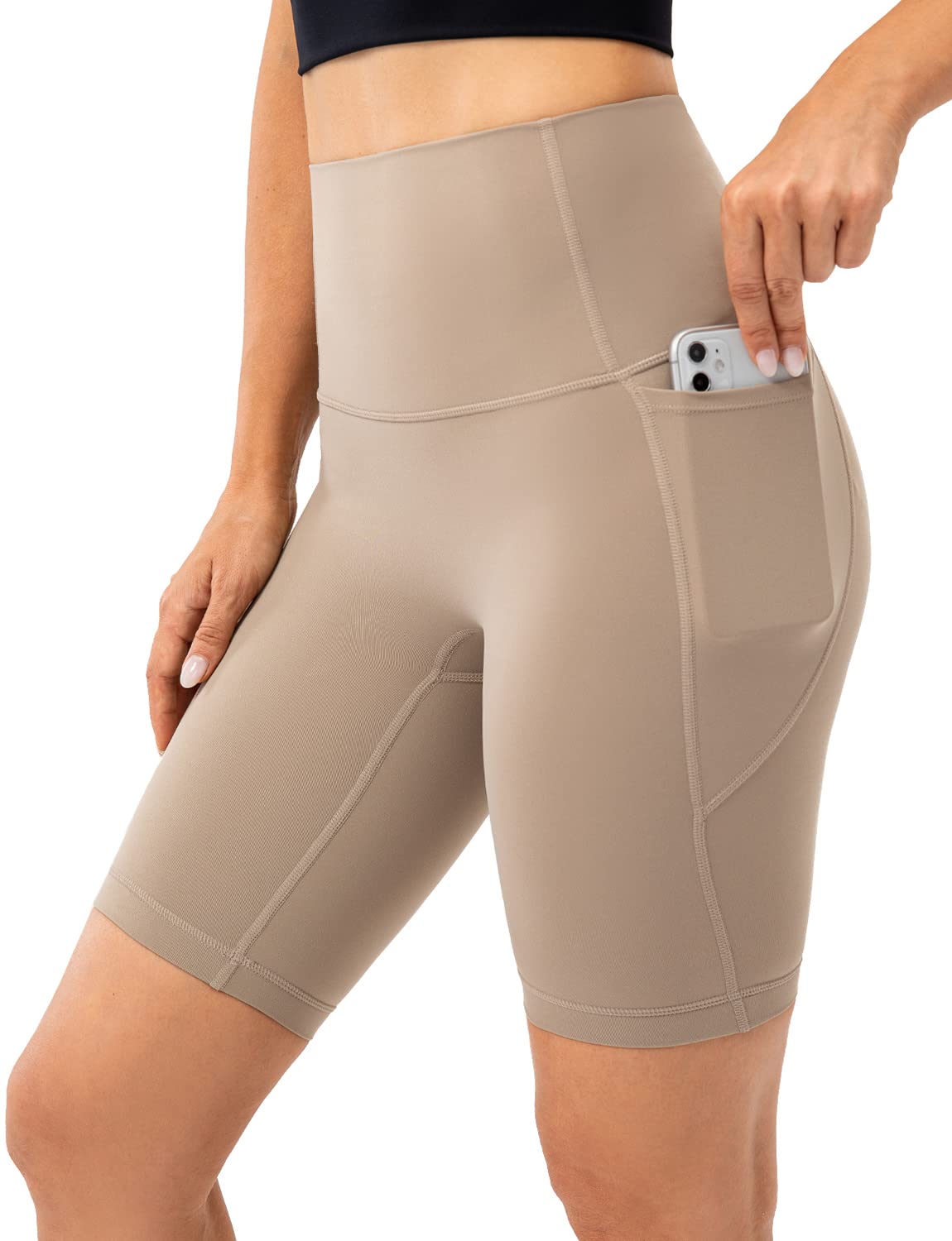 Ukaste Women's Studio Essential High-Rise Yoga Shorts with Pockets 8" - Buttery Soft Workout Active Shorts (Khaki, 6)