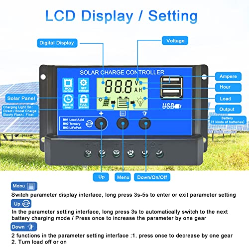 Yyoulli 30A Solar Charge Controller, [2022 Upgraded] 12V/ 24V Solar Panel Regulator with Adjustable LCD Display Dual USB Port Timer Setting PWM Auto Parameter