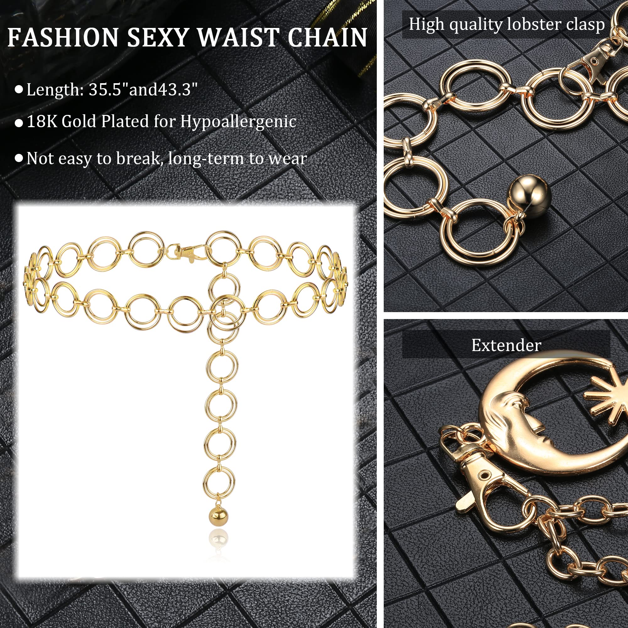 THUNARAZ 3PCS Metal Waist Chain, Gold Chain Belts for Women, Multi-layer Metal Belt for Dress 90cm 110cm