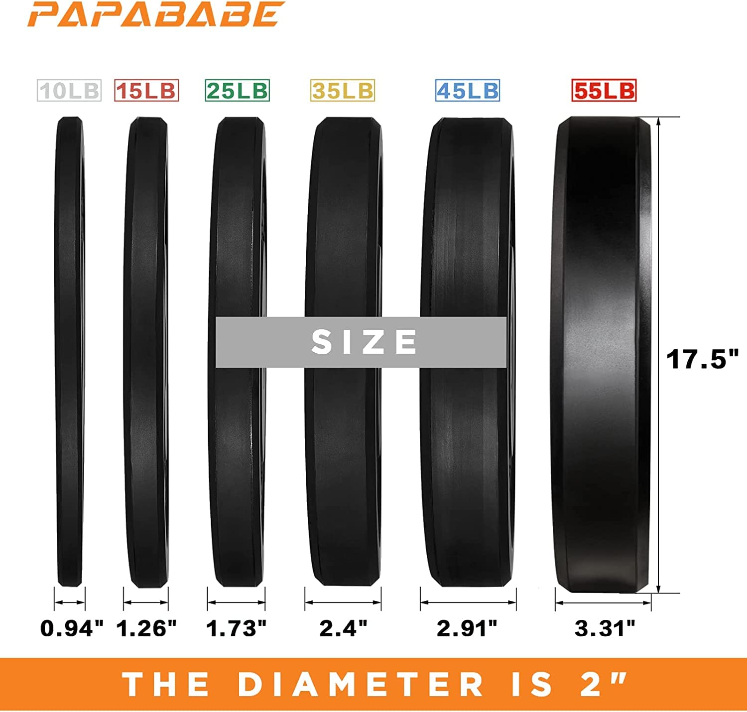 papababe 2 Inch Bumper Plates Set with 7-Foot Olympic Barbell, Color Coded Rubber Weight Plates with Steel Insert, Chrome Bar for Weightlifting Powerlifting (250LB + Bar)