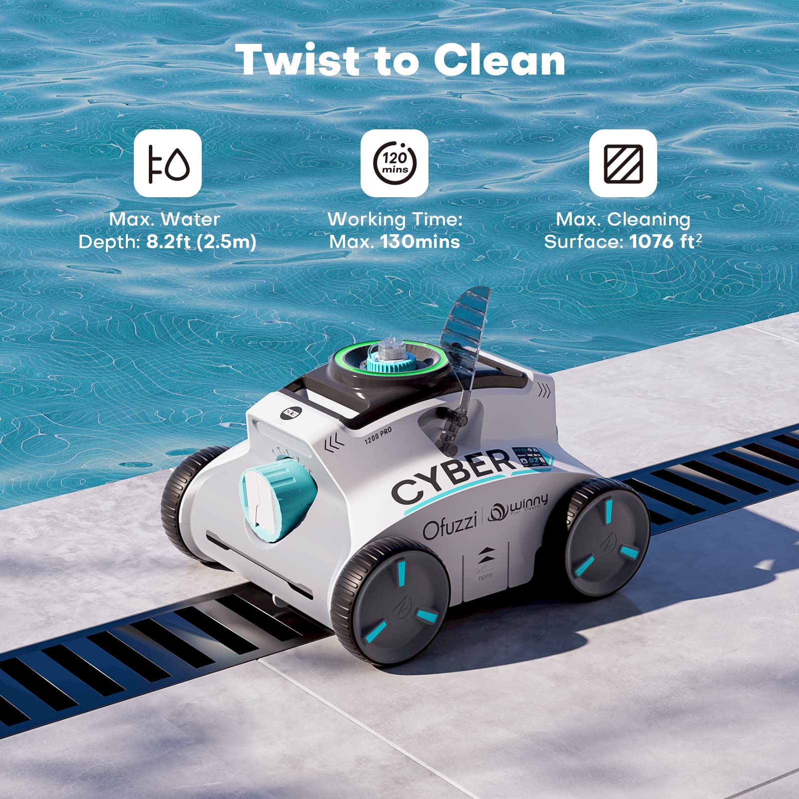 Ofuzzi Cyber 1200 Pro Cordless Robotic Pool Cleaner, Dual Navigation Path, Max.130 Mins Runtime, Stronger Suction Power Pool Robot for Above/In Ground Pools Up to 1076ft² (Blue)