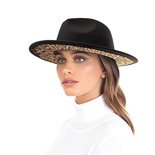 UTOWO Two-Tone Felt-Fedora-Panama-Hats-for-Women-Men, Wide Brim Black & Leopard Patchwork Fedora Jazz Cap