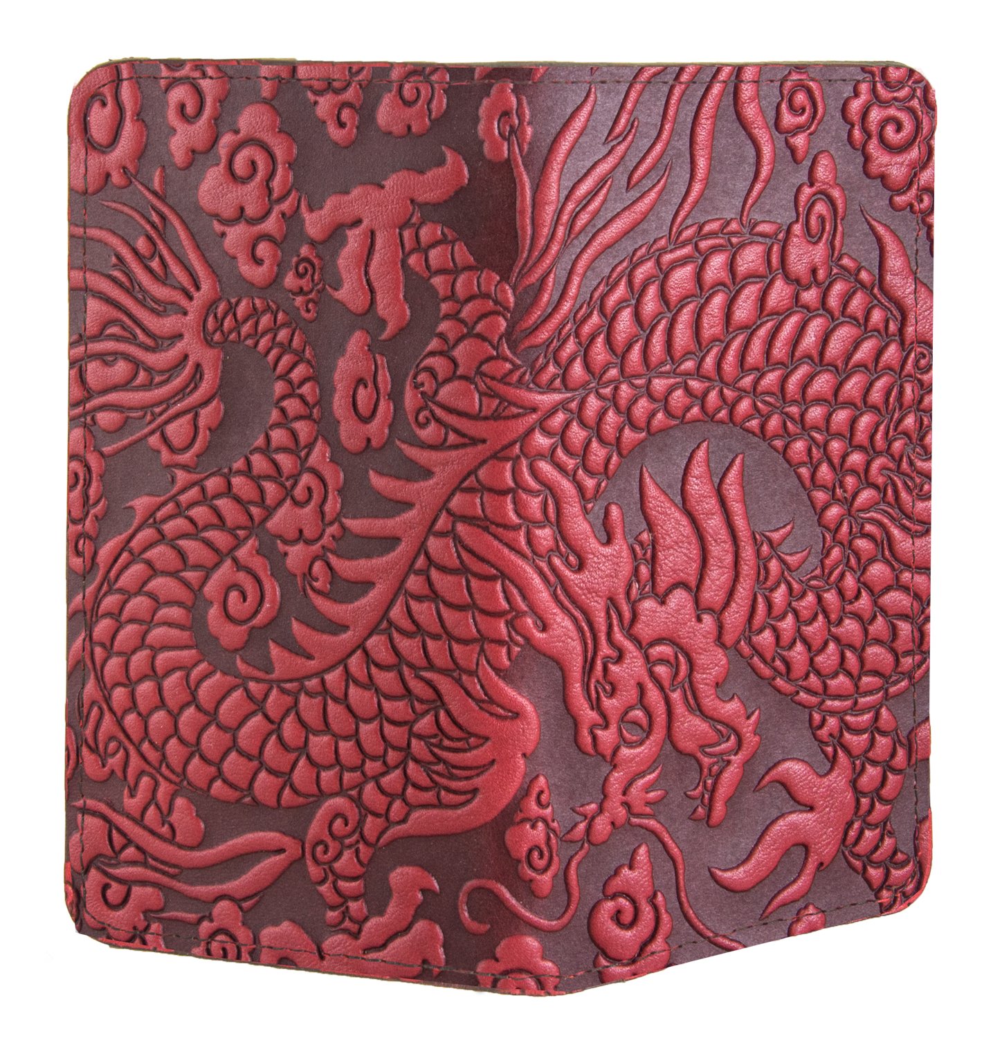 Oberon Design Cloud Dragon Embossed Genuine Leather Checkbook Cover, 3.5x6.5 Inches, Red, Made in the USA